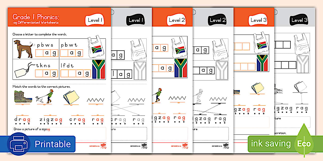 Grade 1 Phonics: -ag Differentiated Worksheets - Twinkl