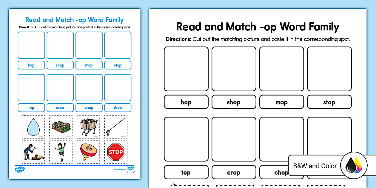 Read and Match -op Word Family Worksheet (teacher made)