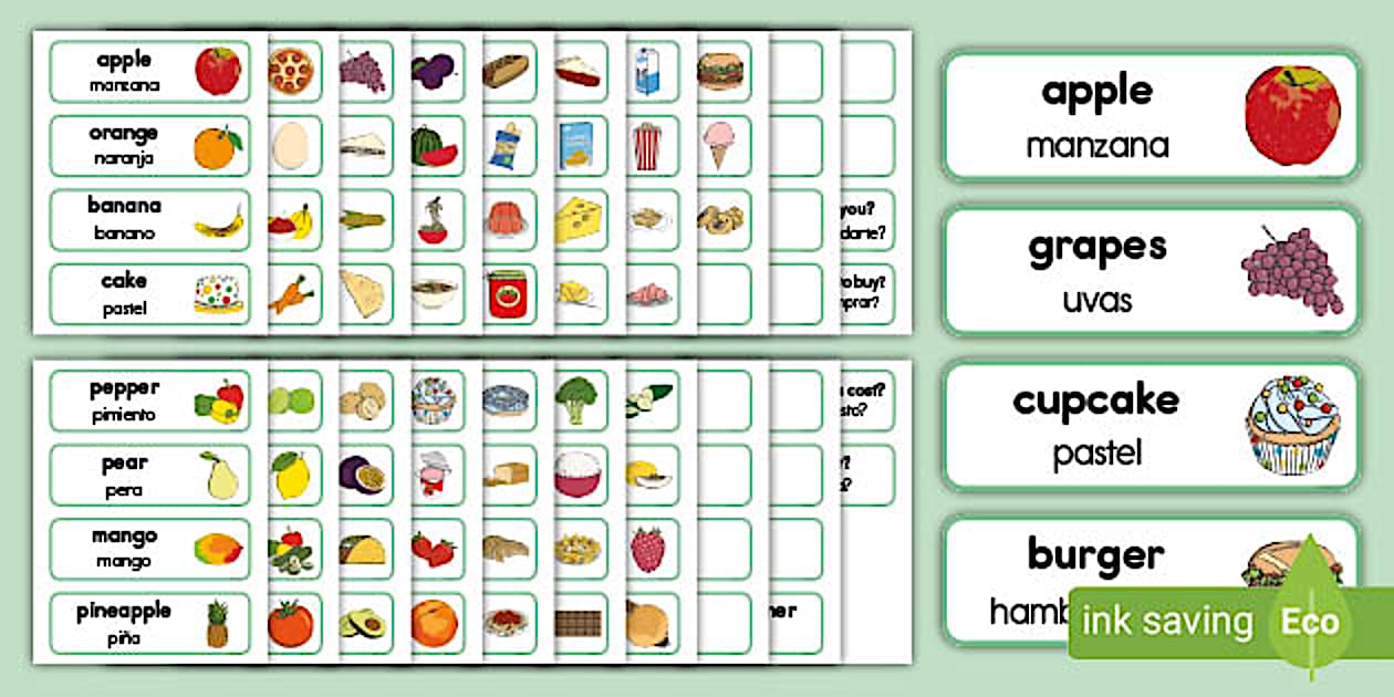 Food Topic Word Cards English/Spanish - Food Topic Word Cards