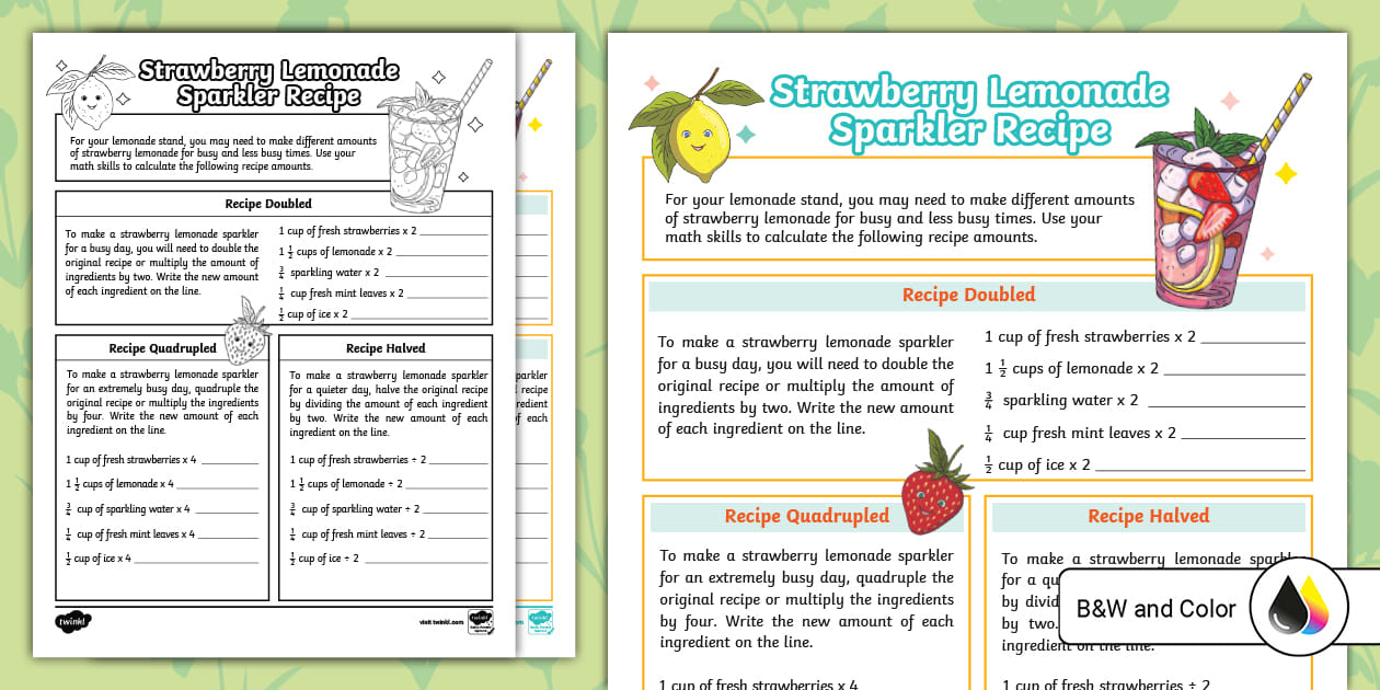 * NEW * Strawberry Lemonade Recipe Multiplication andDivision Worksheet for