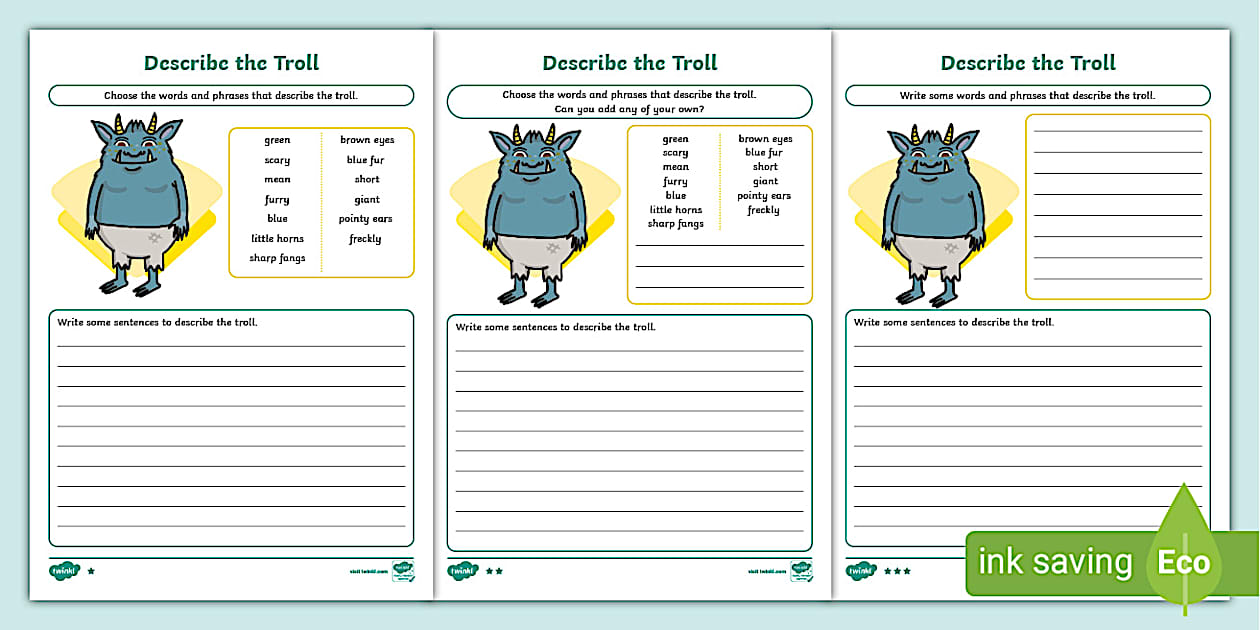Describe the Troll Writing Activity Sheet (teacher made)