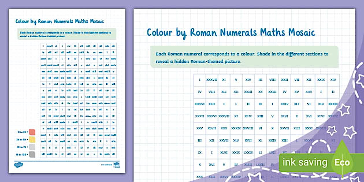Colour by Roman Numerals Maths Mosaic (Ages 8 - 9) - Twinkl