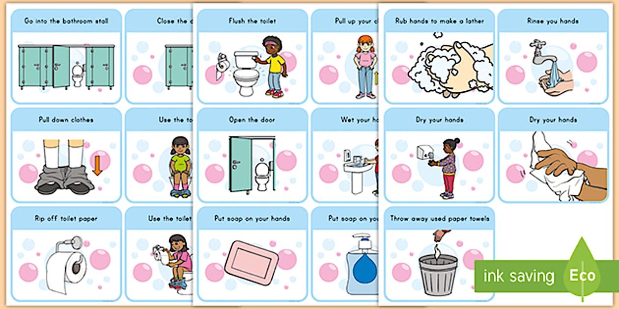 Editable Girls' Using the Bathroom Sequencing Cards - Twinkl