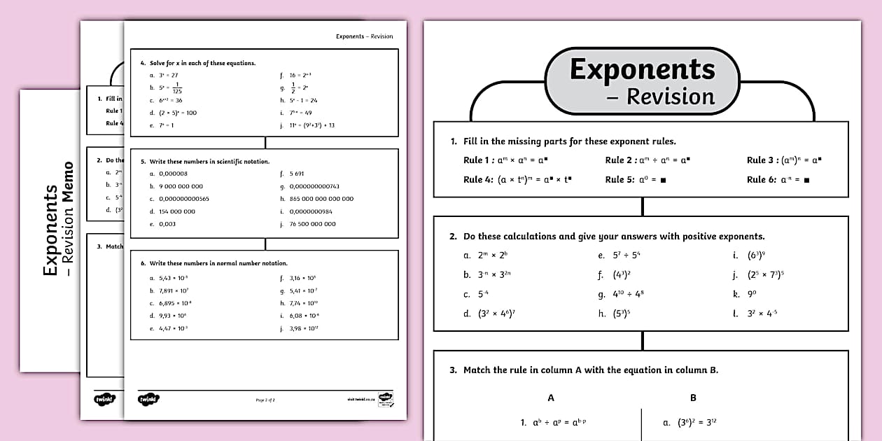 Maths Revision Activity Sheet | Exponents Worksheets Grade 9