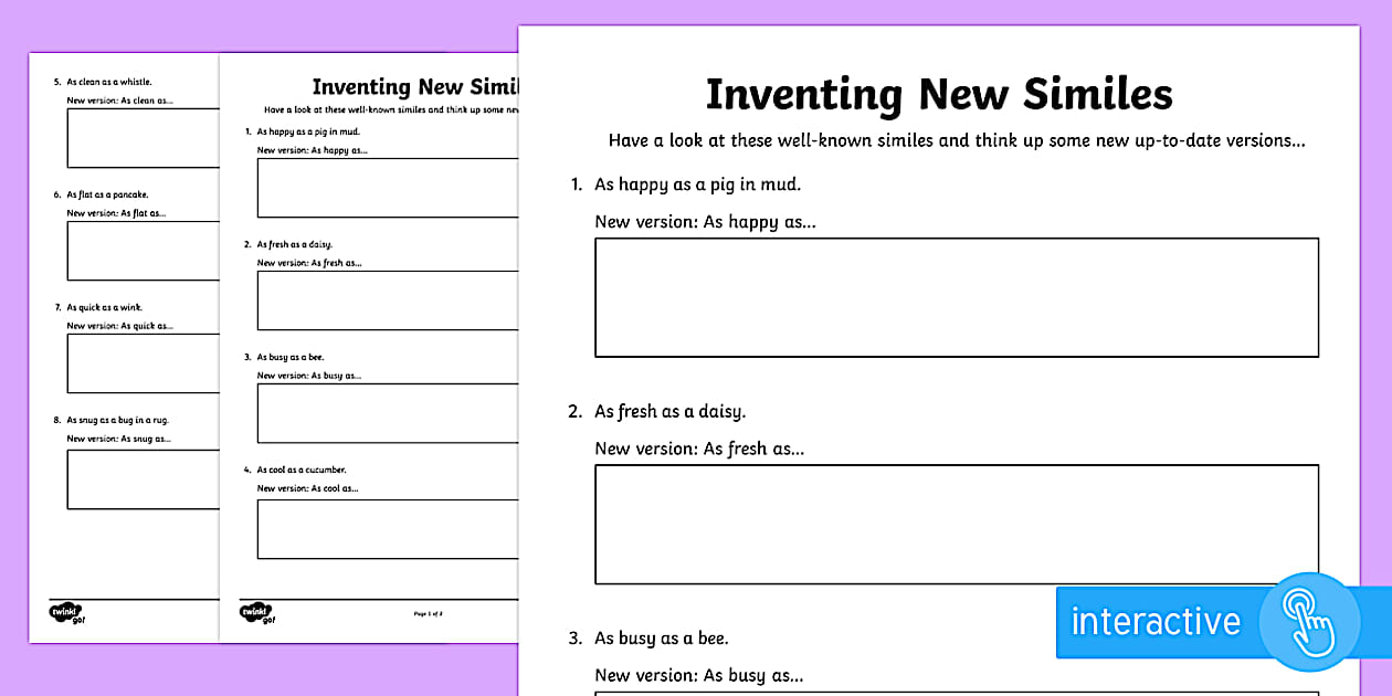 KS2 Inventing New Similes Worksheet (teacher made) - Twinkl