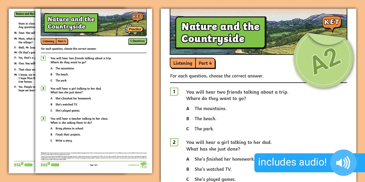 A2 Key (KET) - Listening Part 4 - Nature and the Countryside