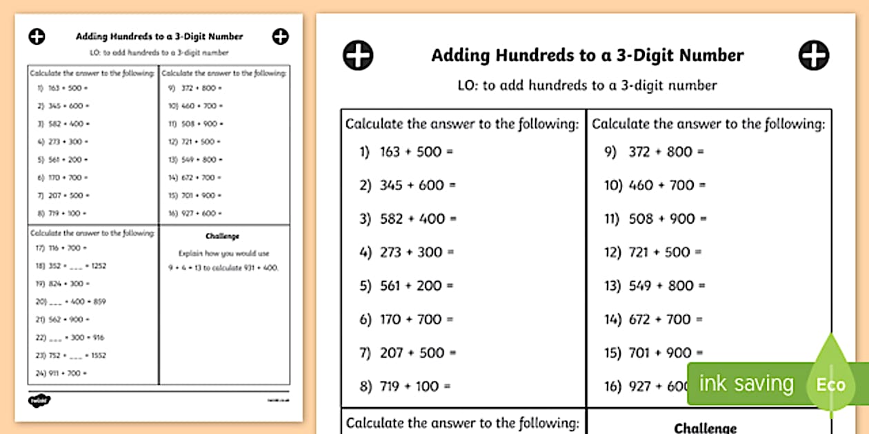 Adding Hundreds to a 3 Digit Number Worksheet Year 3 - adding
