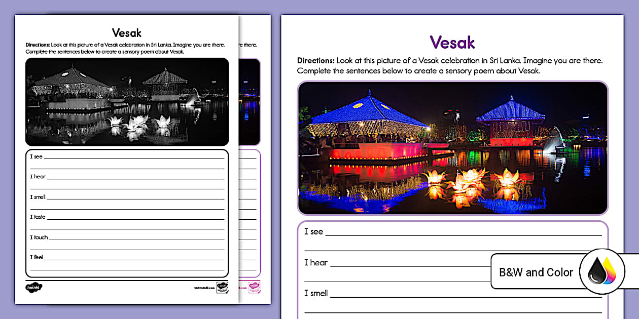 Vesak Sensory Poem Worksheet for K-2nd Grade (teacher made)