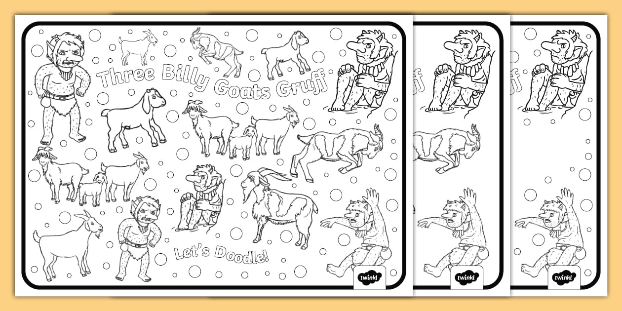 Three Billy Goats Gruff Doodle Colouring - Twinkl - KS1