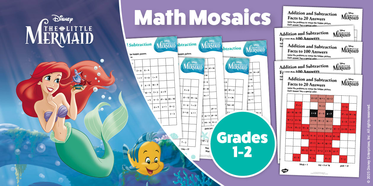 The Little Mermaid: Add and Subtract to 100 Math Worksheets