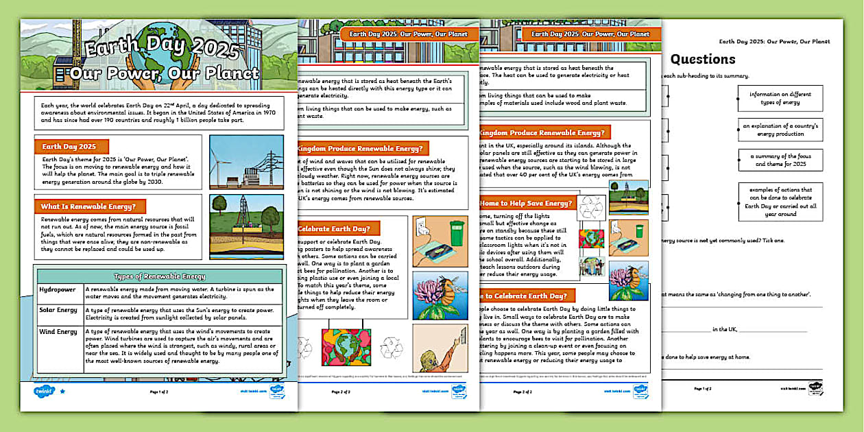 UKS2 Earth Day 2025: Our Power, Our Planet Reading Activity