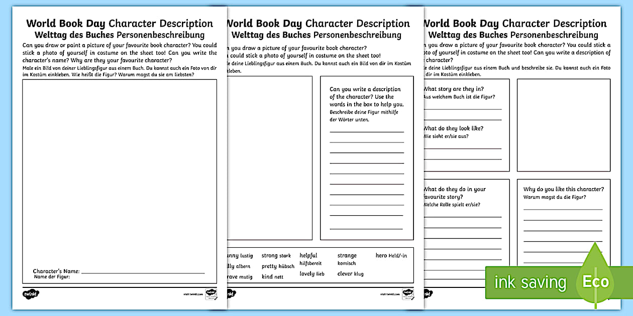 World Book Day Character Description Worksheets English/German