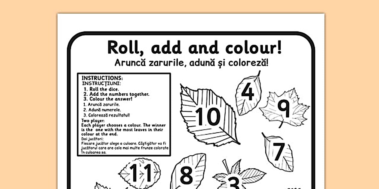 Leaf Roll and Colour Dice Addition Activity Romanian Translation