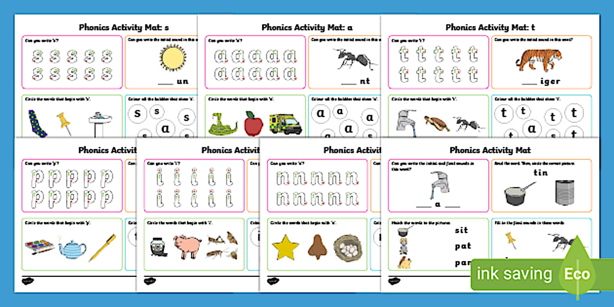 EYFS Phase 2 s, a, t, p, i, n Phonics Activity Mats (Ages 4-5)