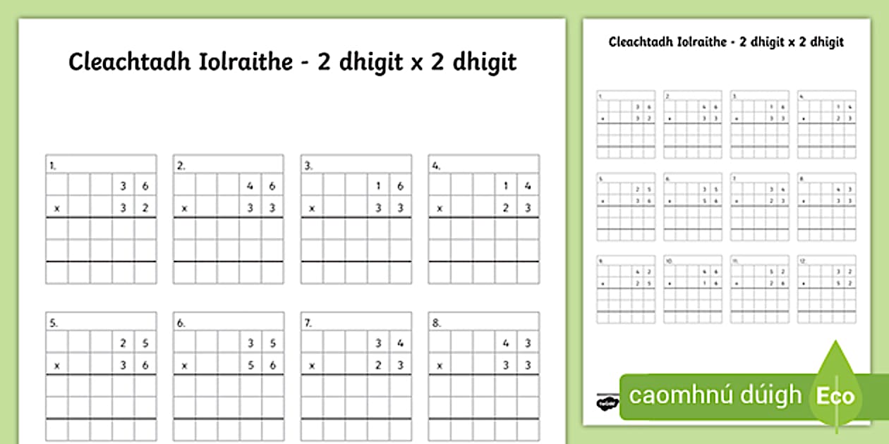 2 Digit x 2 Digit Multiplication Practice Worksheet Gaeilge