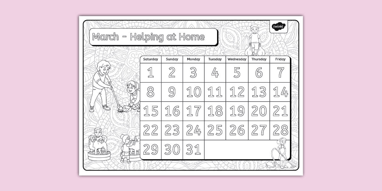 Helping at Home March Coloring Calendar Activity - Twinkl