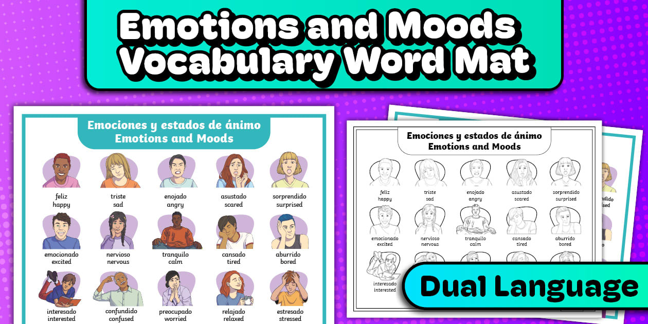 Emotions and Moods Vocabulary Word Mat in Spanish/English