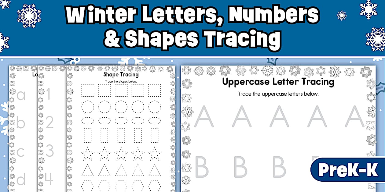 Winter Letters, Numbers, and Shapes Tracing Worksheets