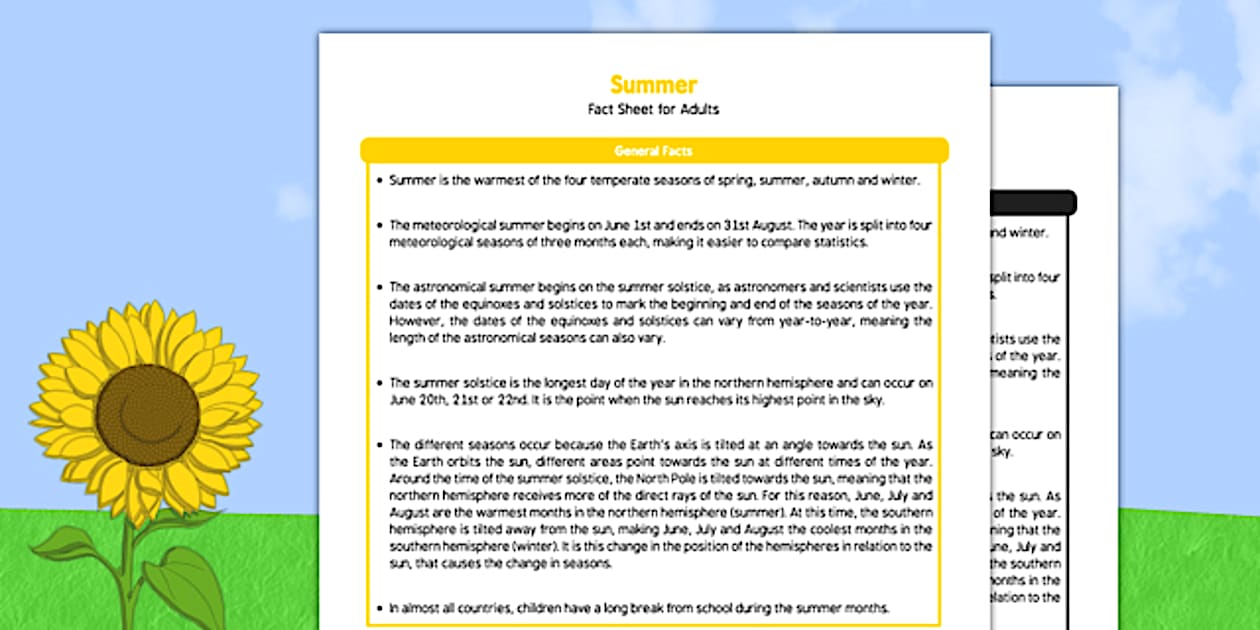 Black and White Summer Fact Sheet for Adults - Twinkl