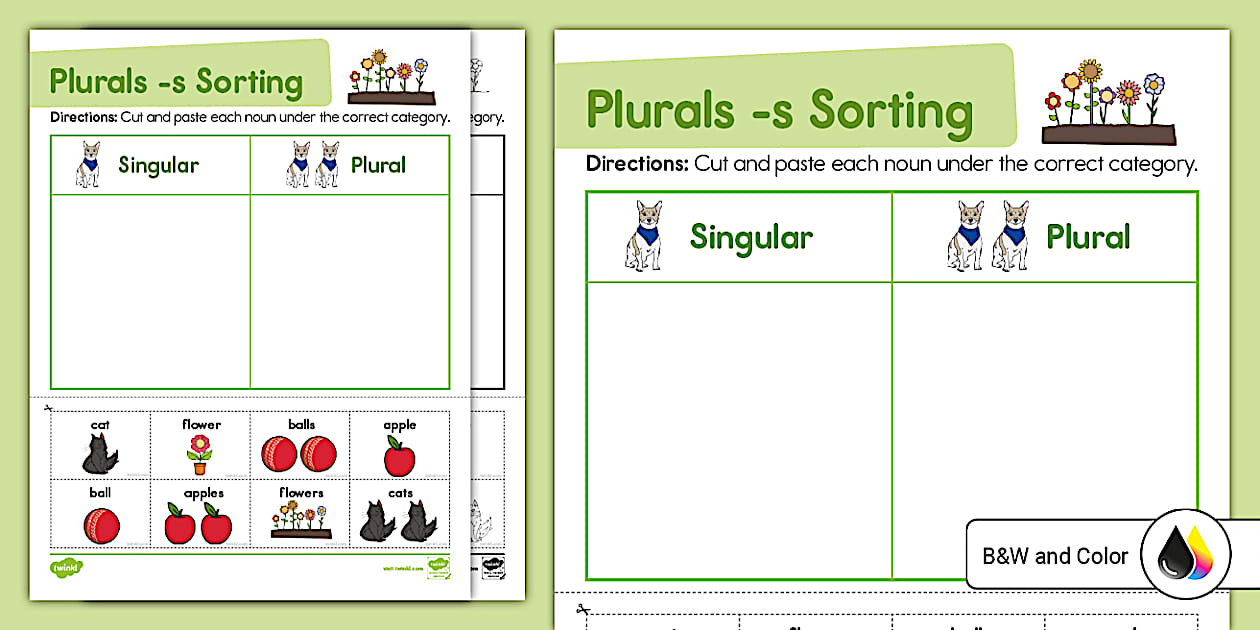 Kindergarten Plurals -s Sorting Cut and Paste Worksheet