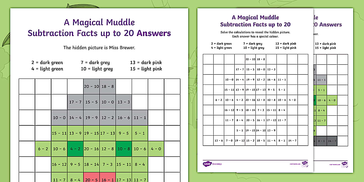 A Magical Muddle Subtraction Facts up to 20 Maths Mosaic Worksheet