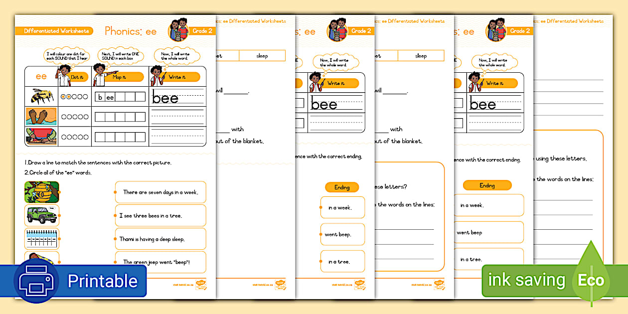 Grade 2 Phonics: ee - Differentiated Worksheets - Twinkl
