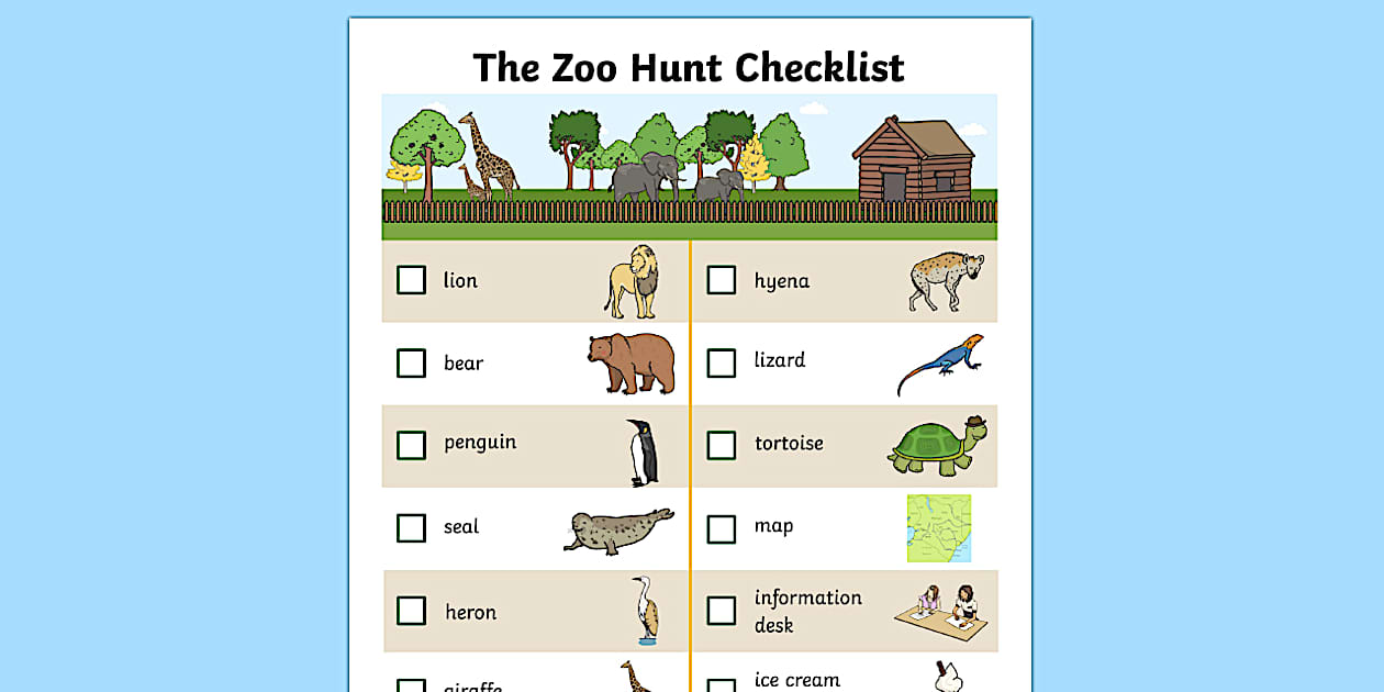 Black and White The Zoo Hunt Checklist - Twinkl
