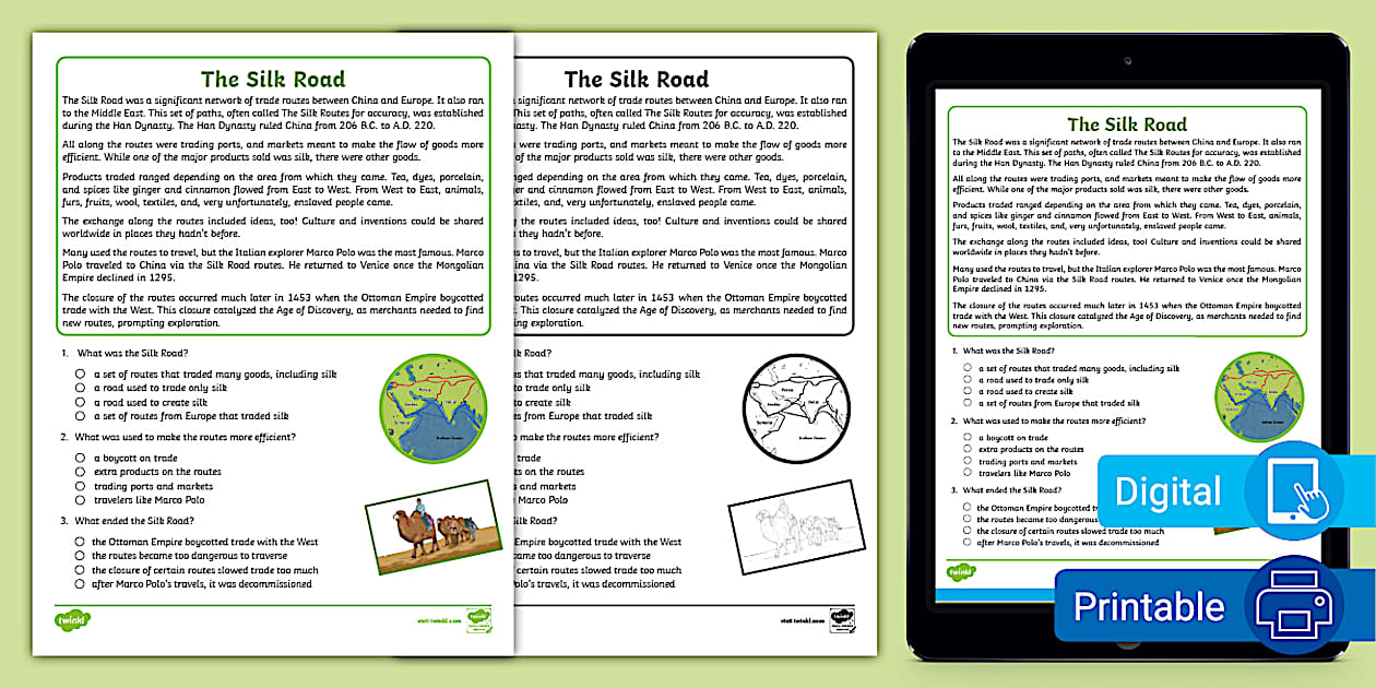 Fifth Grade Silk Road Reading Passage Comprehension Worksheet