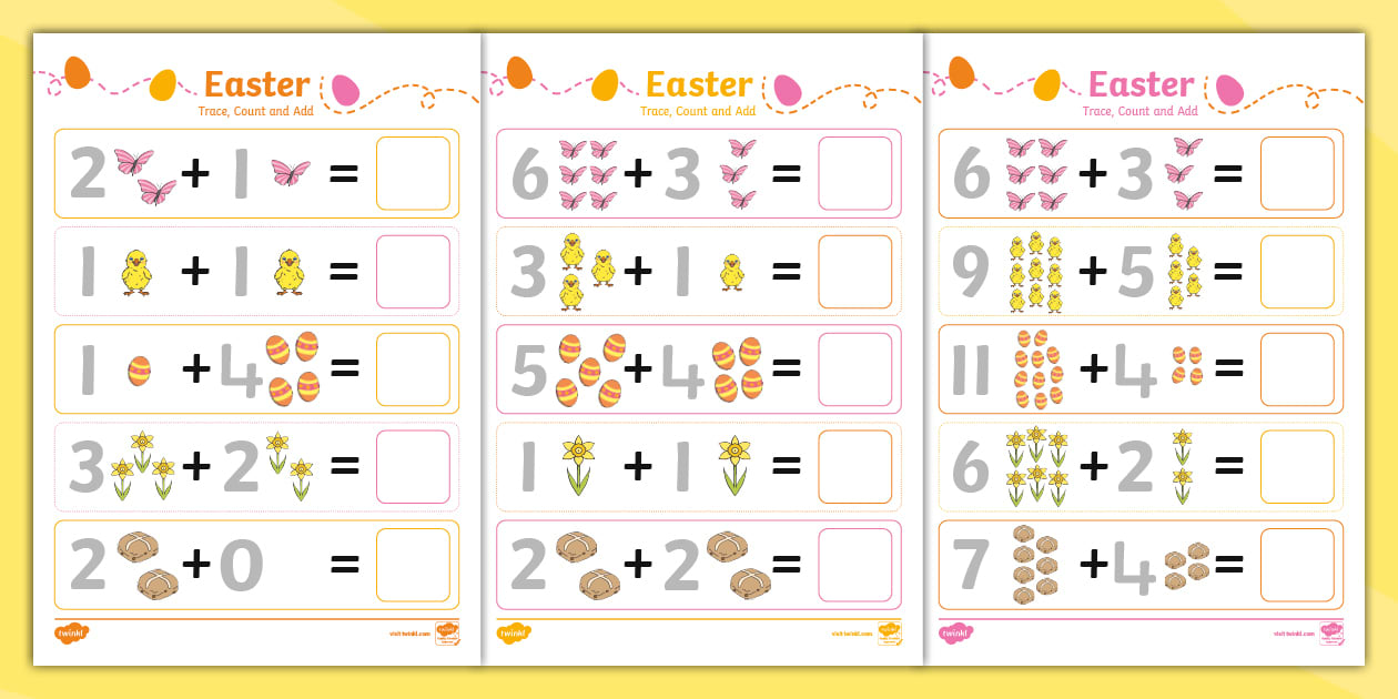 Easter Trace Count and Add Worksheet - Twinkl - KS1 - Twinkl