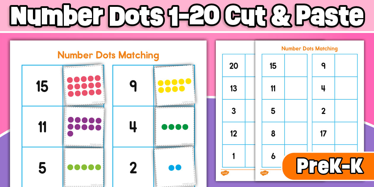 Number Dots 1-20 Matching Cut & Paste Worksheet for PreK-K