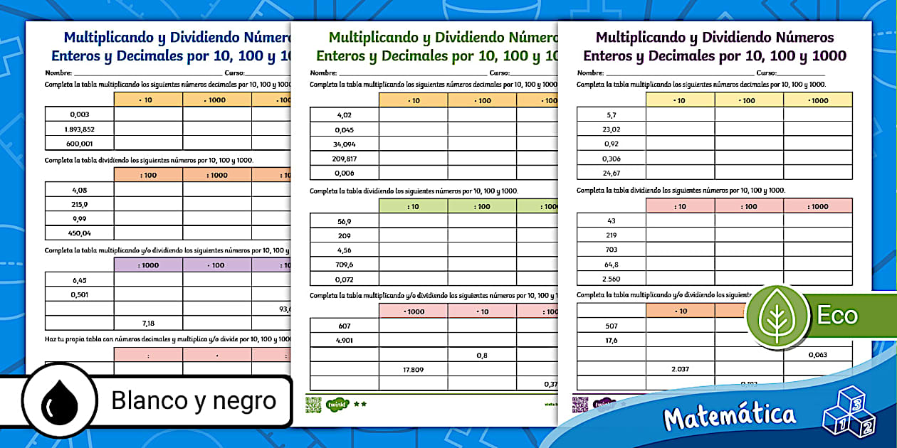 guía multiplicar dividir decimal decimales 10 100 1000