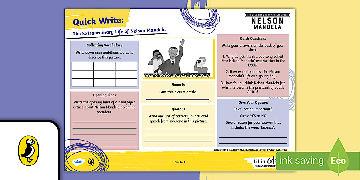 FREE! - The Extraordinary Life of Nelson Mandela: Quick Write Activity Mat