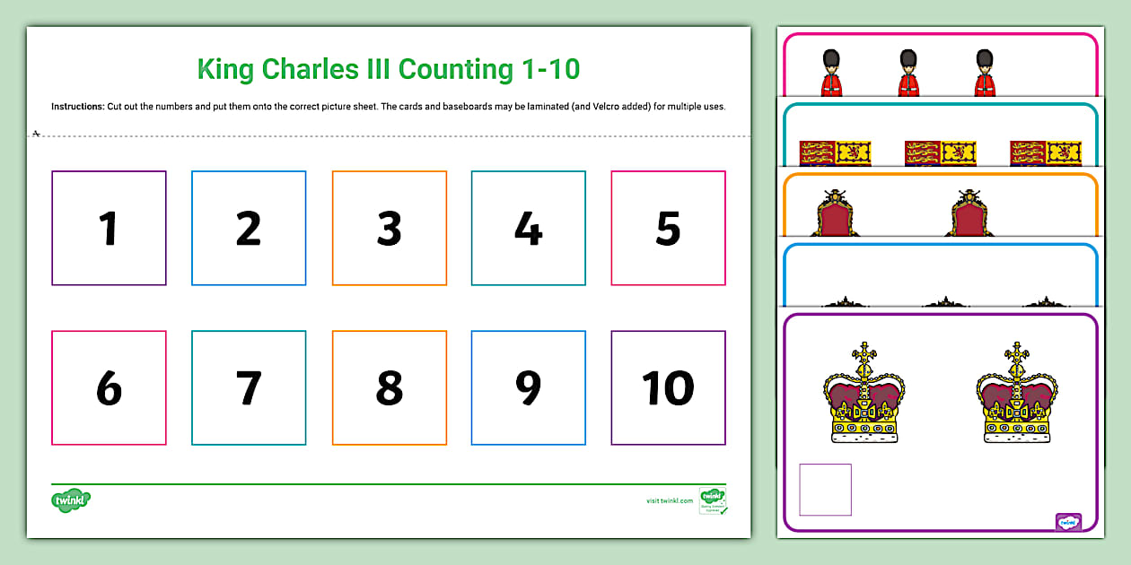 EYFS SEND Counting 1-10 King Charles III Themed Workstation Resource.