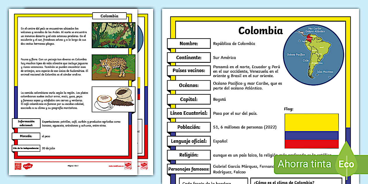 Datos fundamentales sobre Colombia- Guía de trabajo Twinkl