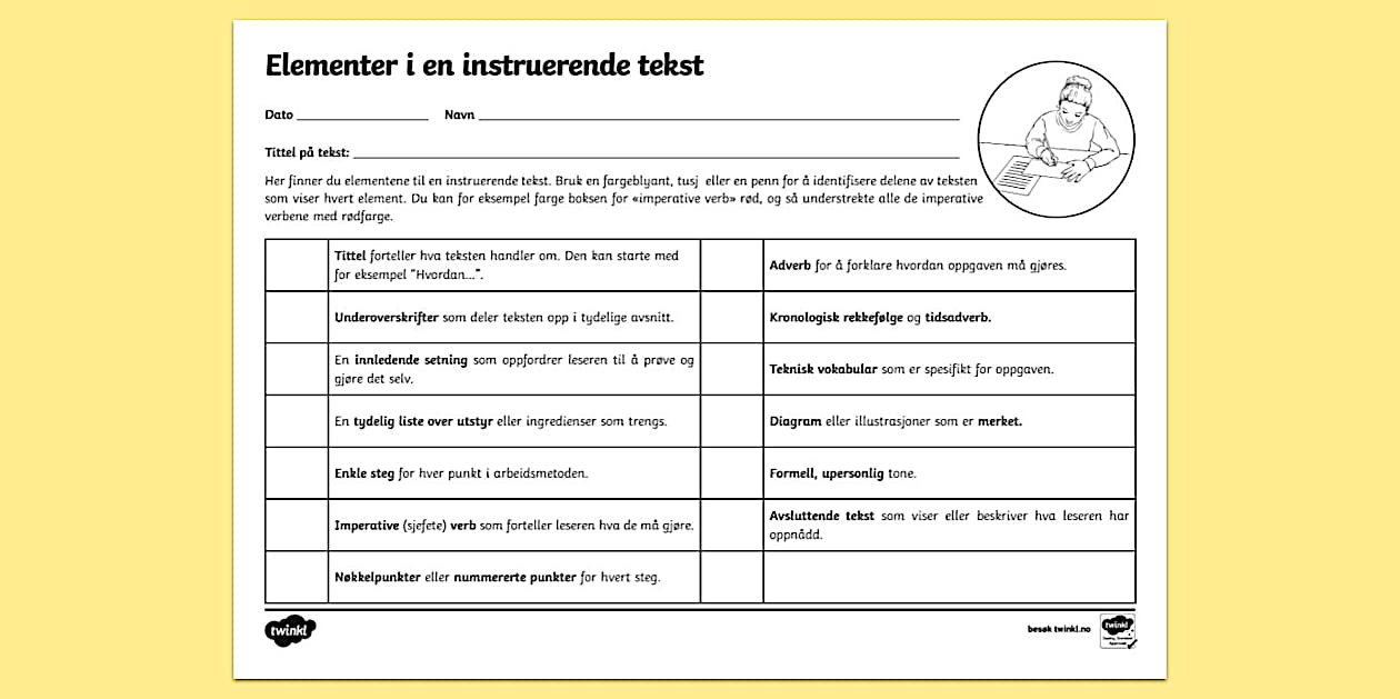 Elementer i en instruerende tekst | Sjekkliste - Twinkl