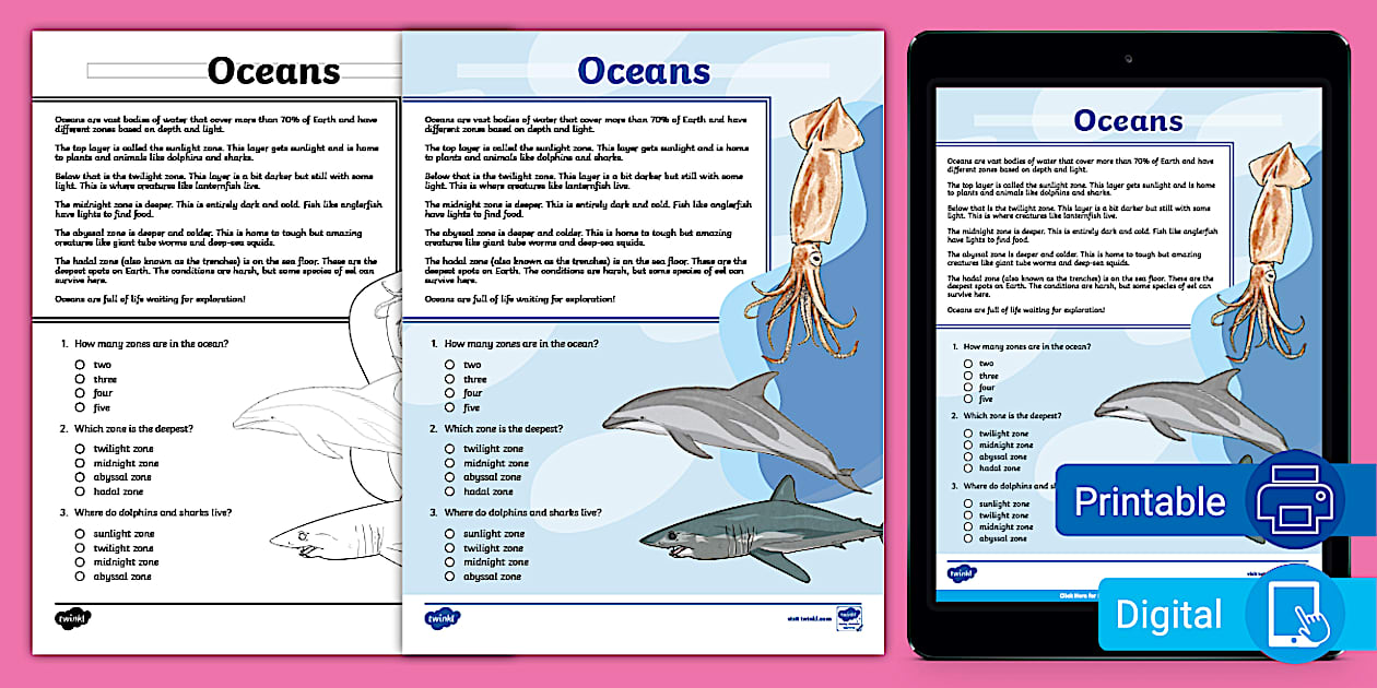 Third Grade Oceans Reading Passage Comprehension Worksheet