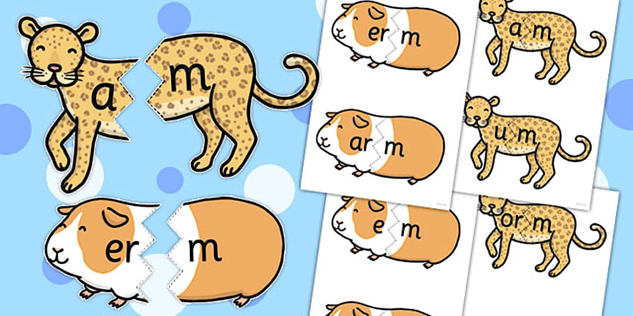Black and White Vowel And Final M Sound Animal Jigsaws