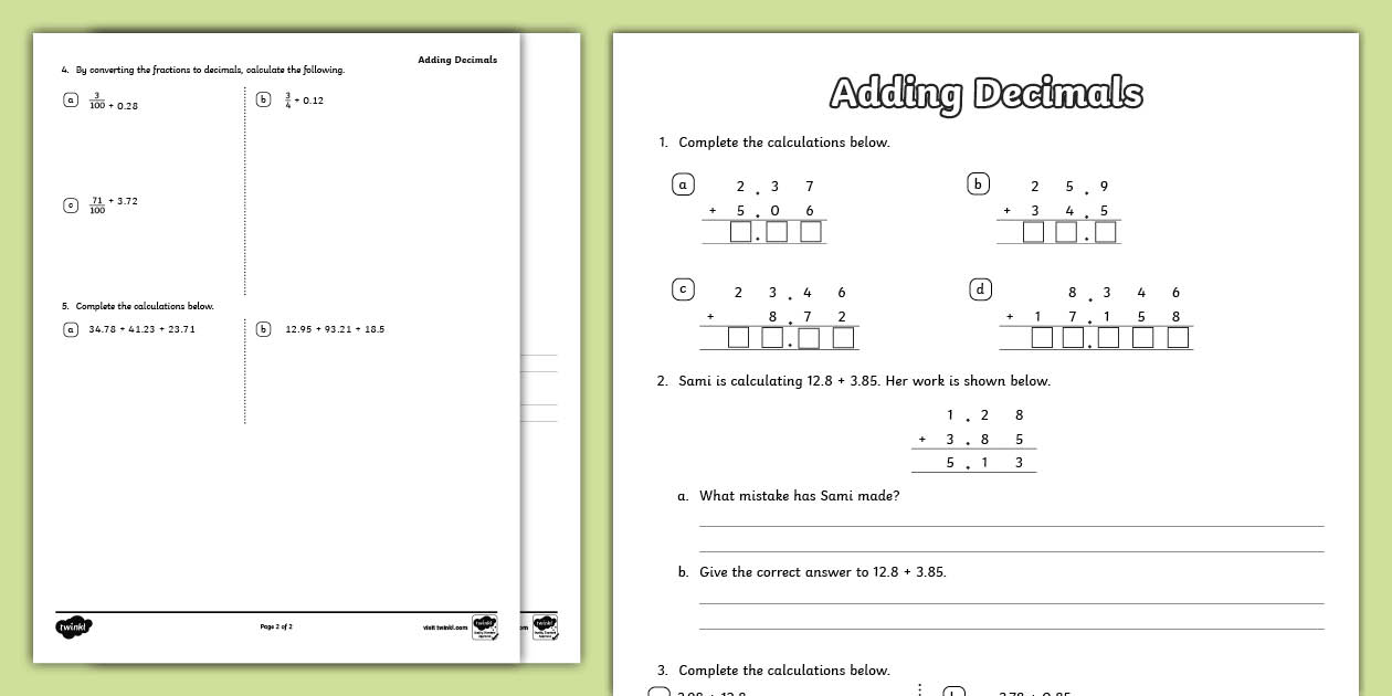 Seventh Grade Adding Decimals Practice (teacher made)