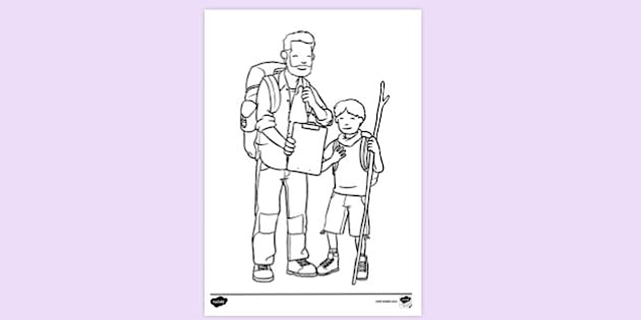Father and Son with Clipboard - Colouring Sheet - Twinkl
