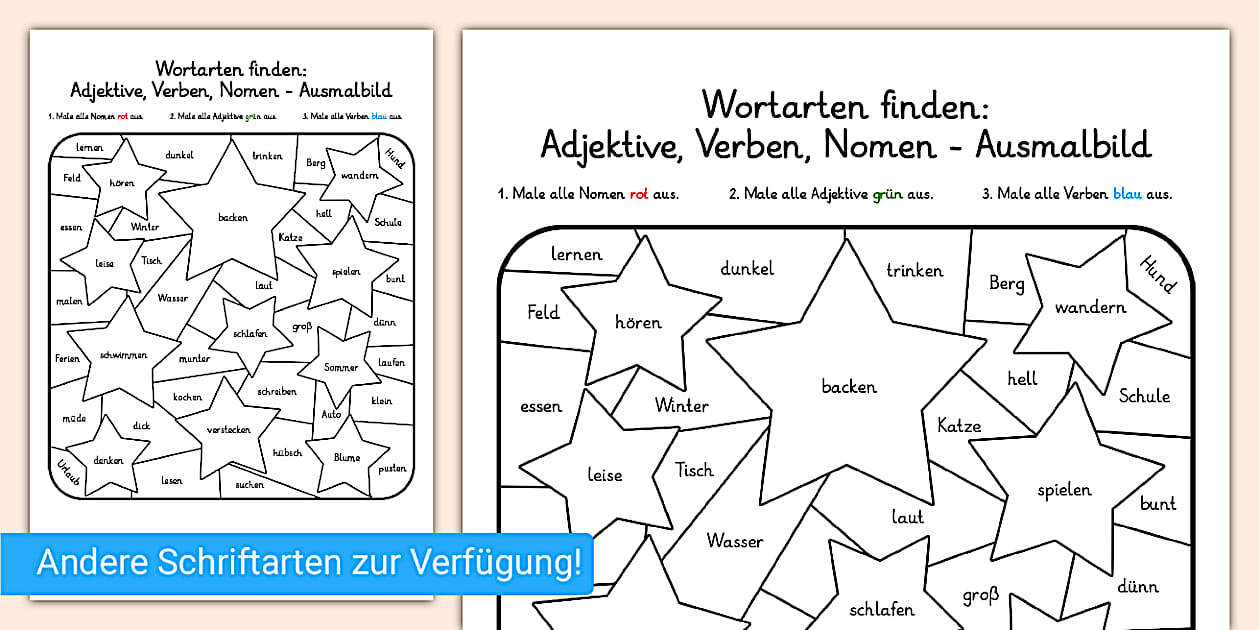 Wortarten finden: Adjektive, Verben, Nomen - Ausmalbild