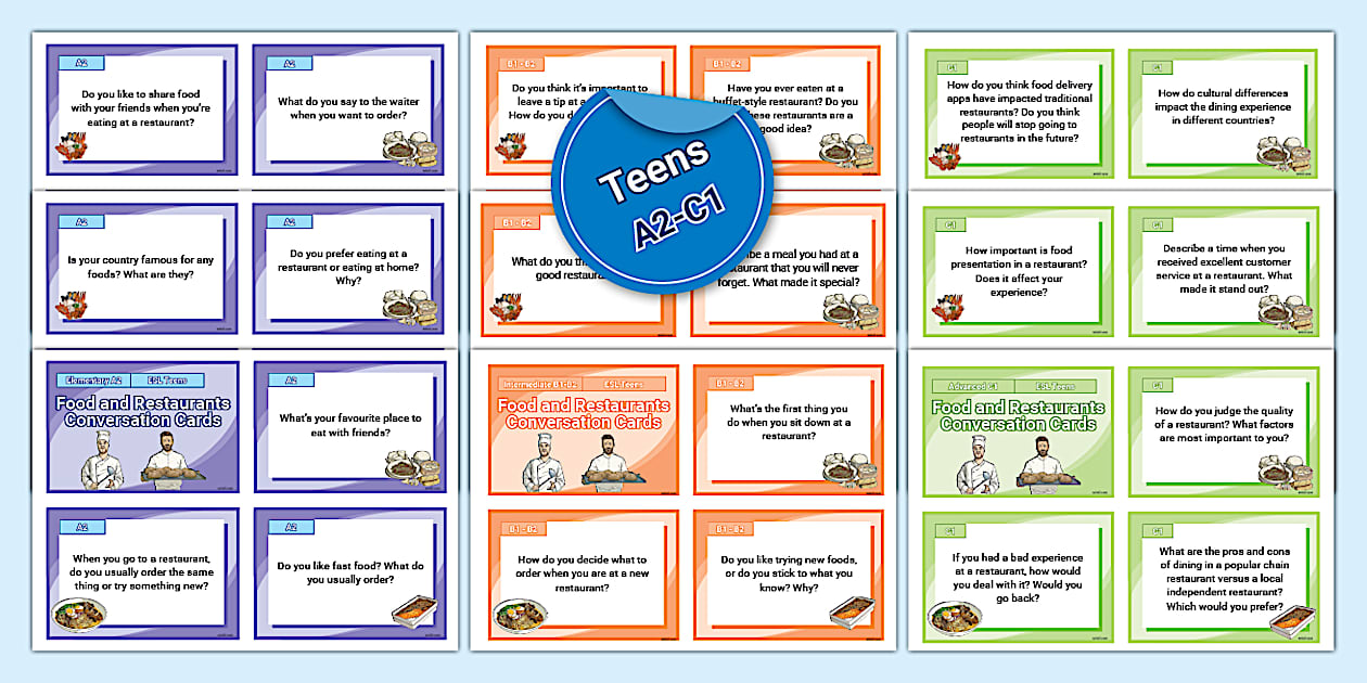 ESL Food and Restaurants Conversation Cards for Teens