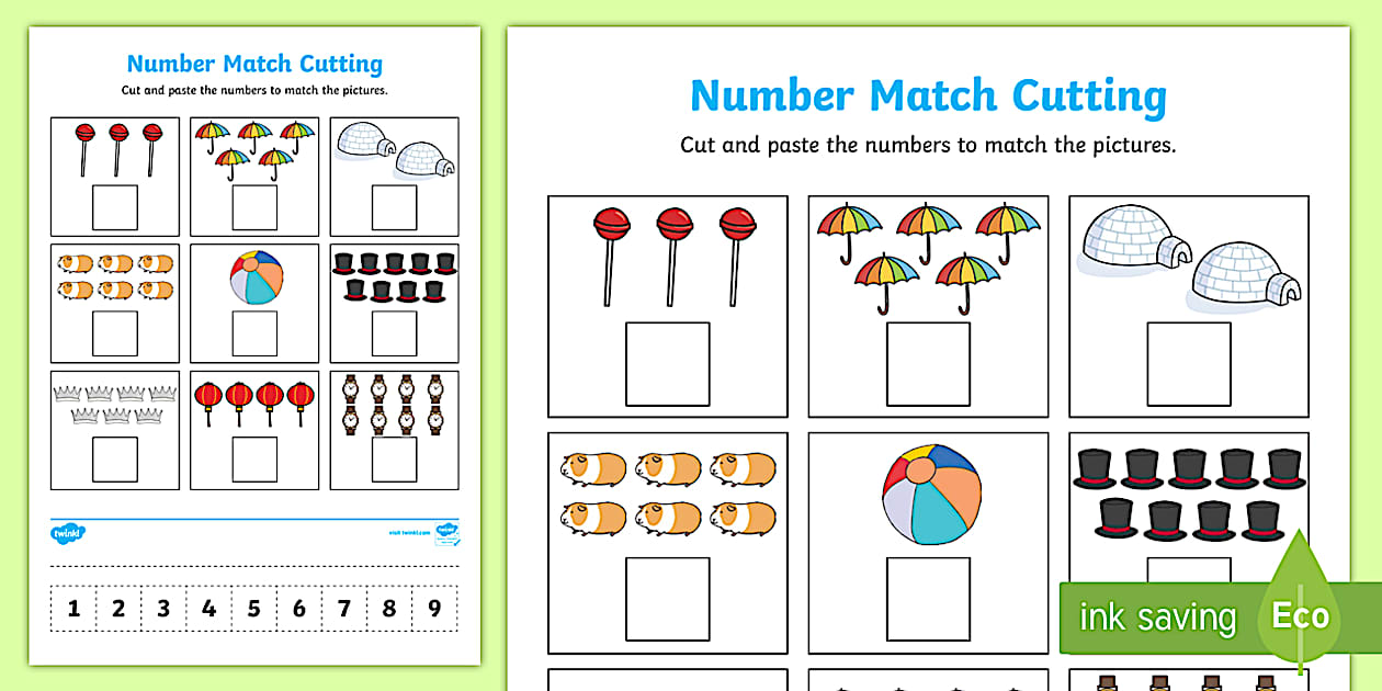 Number Matching Cut-And-Paste Worksheet - EYLF - Twinkl