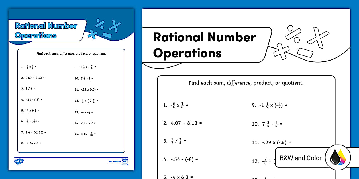 Seventh Grade Rational Number Operations Worksheet - Twinkl