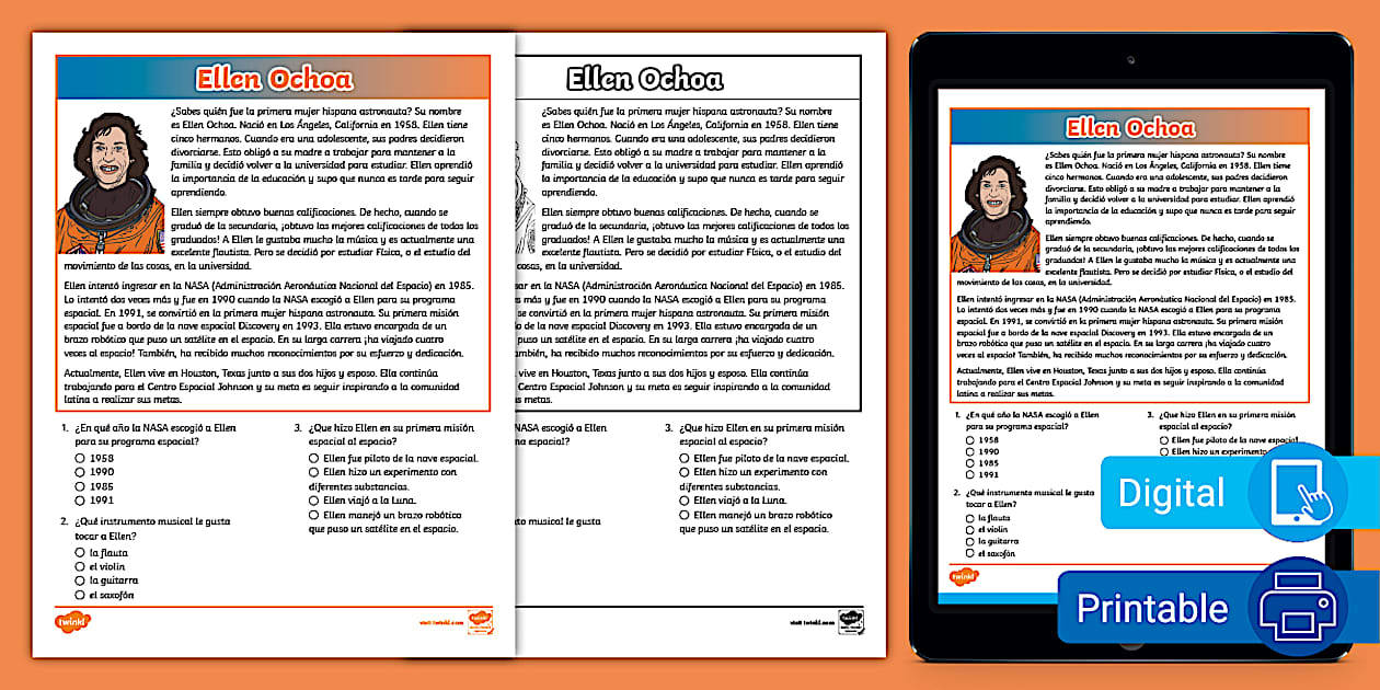Actividad de pasaje de comprensión de lectura de tercer grado: Ellen Ochoa