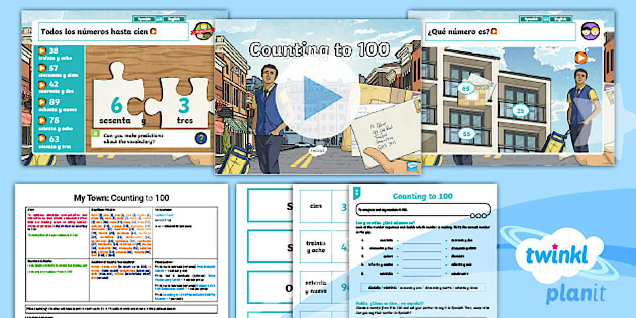 👉 Spanish Numbers 1-30 - My Town: Counting to 100 Lesson Pack