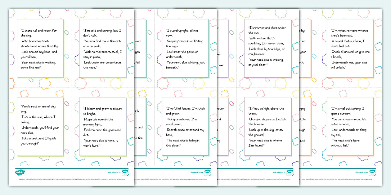 Rhyming Clues for Outdoor Scavenger Hunt Cards - Twinkl