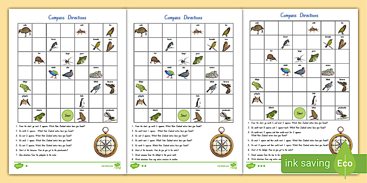 New Zealand Natives Compass Directions Worksheets - Twinkl