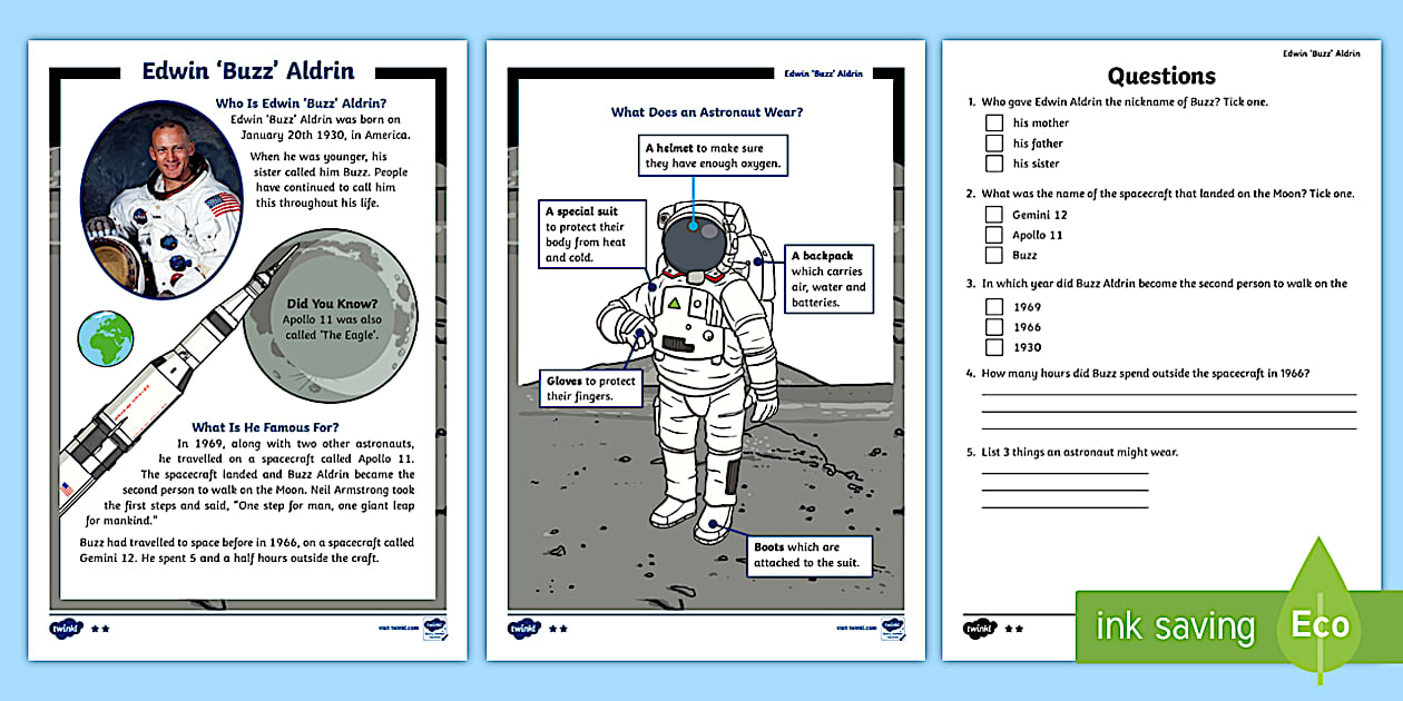 KS1 Buzz Aldrin Differentiated Reading Comprehension Worksheet