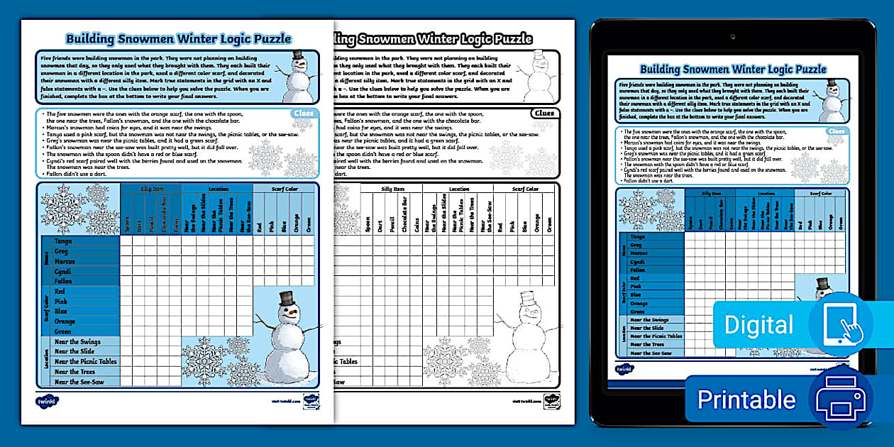 Building Snowmen Winter Logic Puzzle for 6th-8th Grade