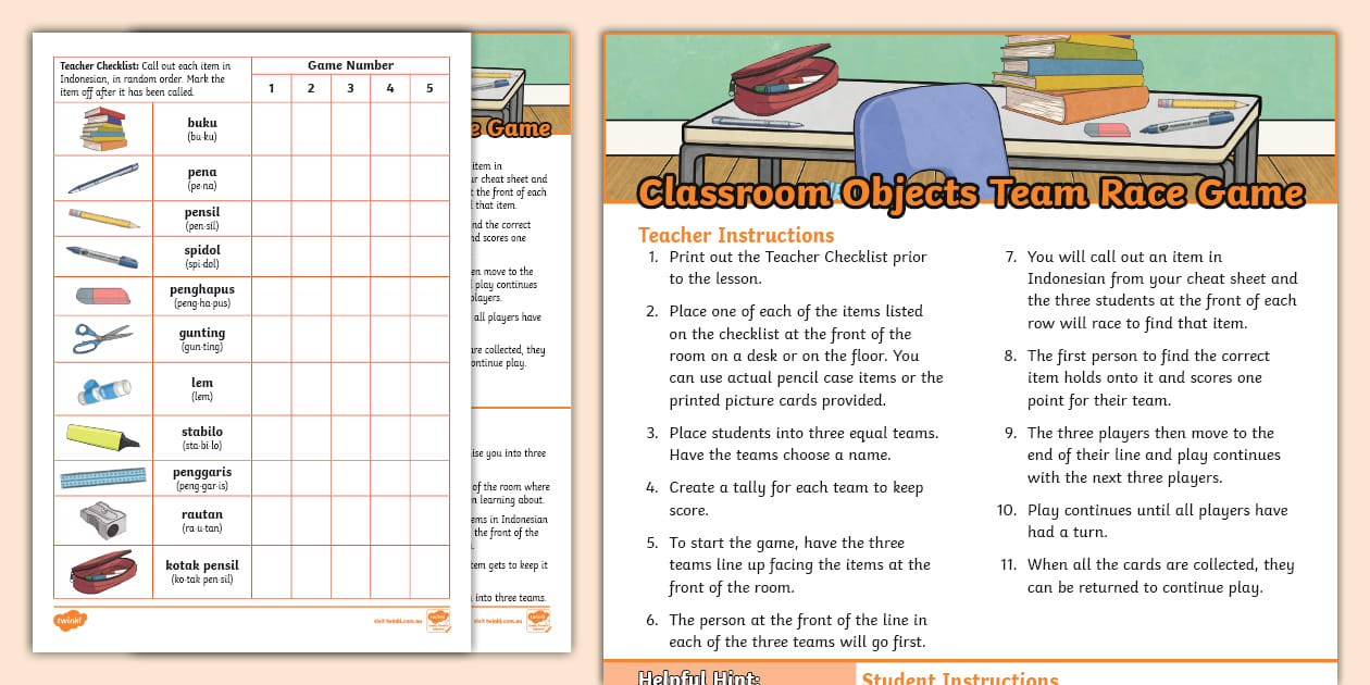 Classroom Objects - Team Race Game - Indonesian - Twinkl